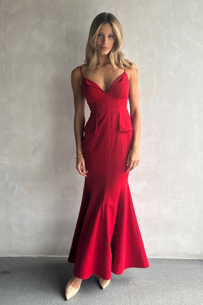 HELEN RUFFLE GOWN RED – BALBINA